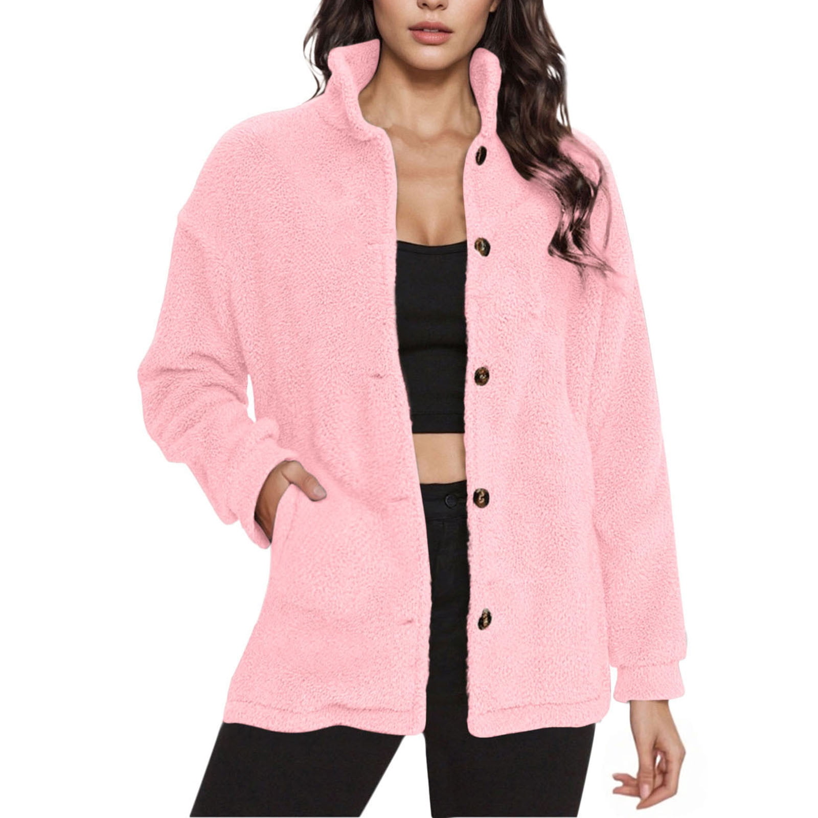 Bovxnpu Women's Winter Faux Furs Coats Long Sleeve Button Down Pockets ...