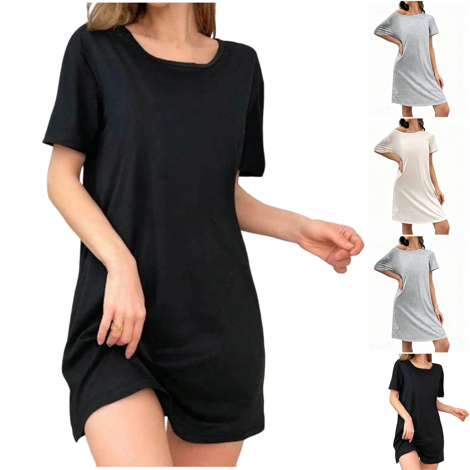 Bovxnpu Womens Nightgown Sleepshirt Pajama Dress Crew Neck Short Sleeve ...