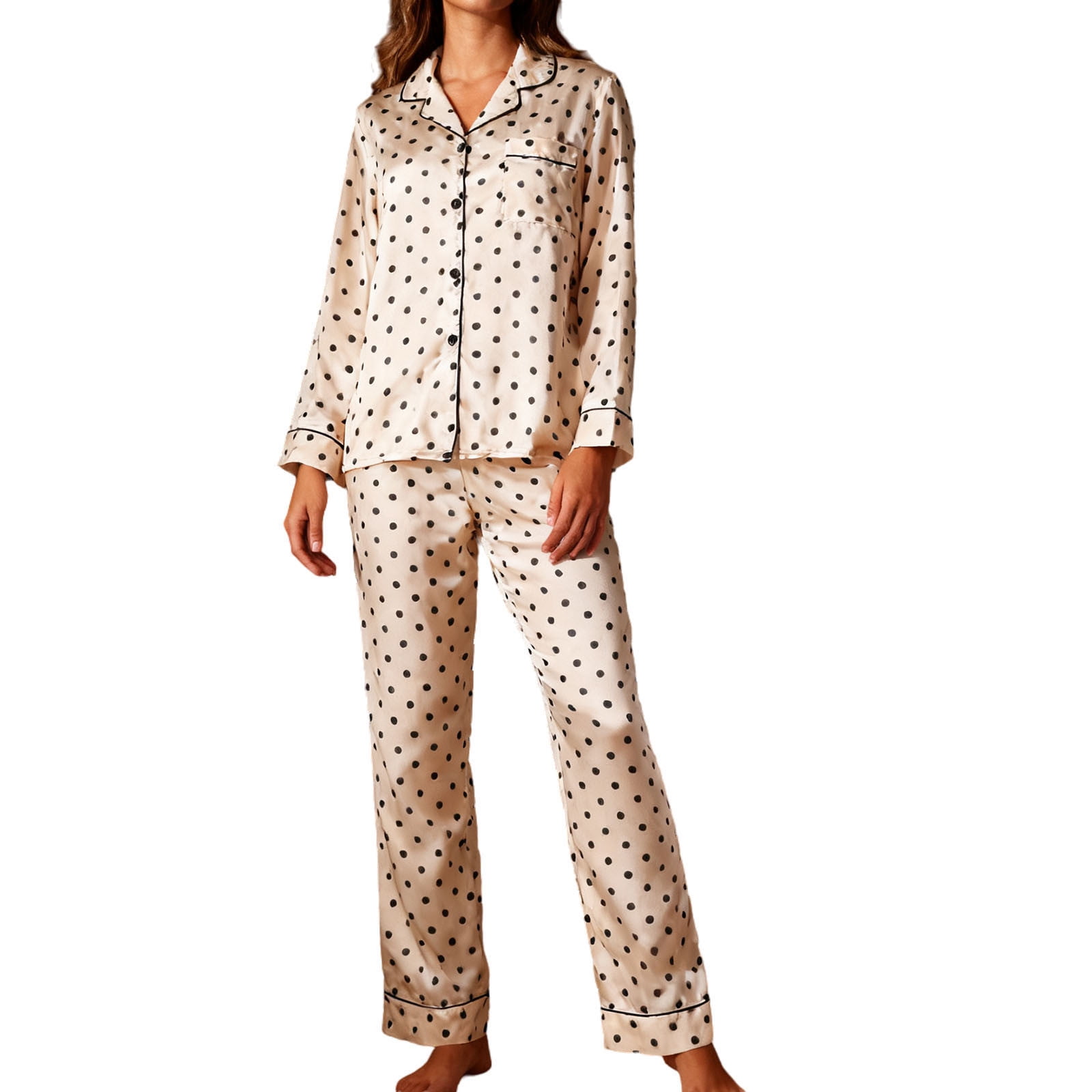 Bovxnpu Womens Silk Satin Pajamas Set Long Sleeve Button Down Sleepwear ...