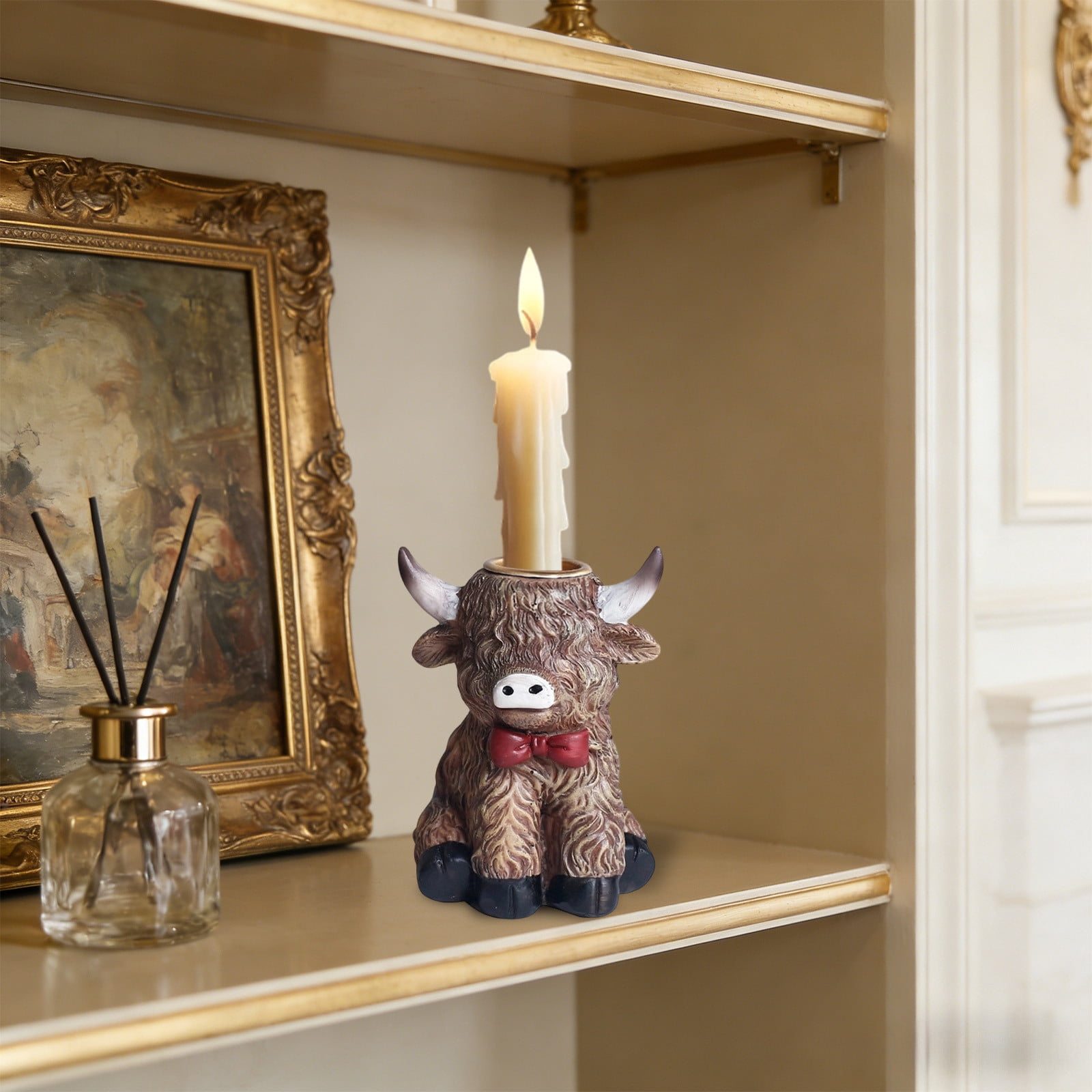 Bow-Adorned Highlands Yak Resin Candle Holder, Rustic Animal Ornament ...