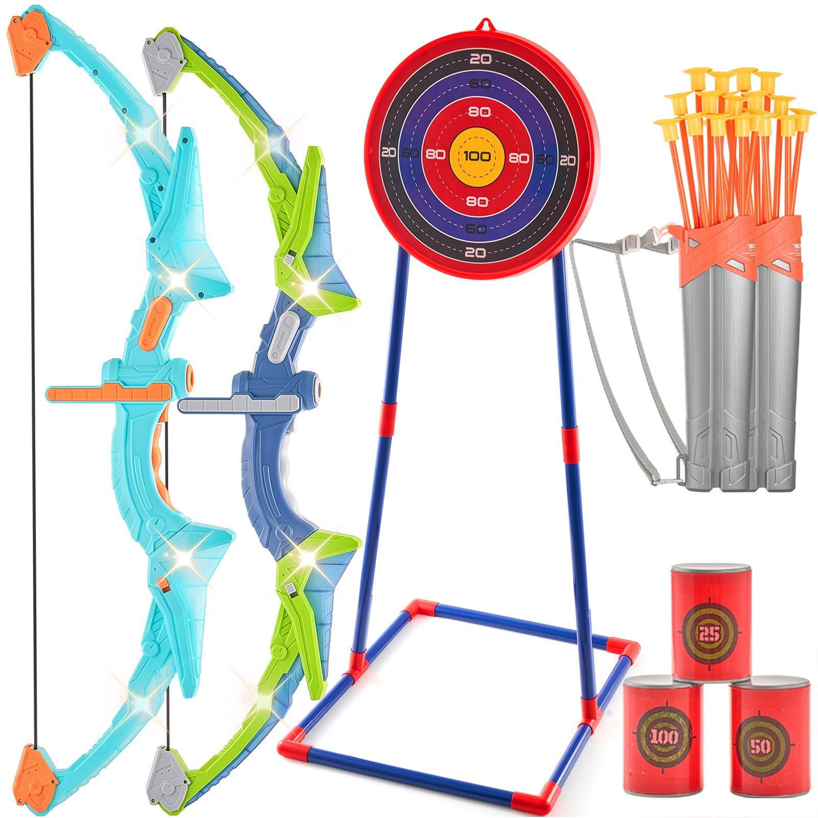 Bow and Arrow Set for Kids, 2 Pack LED Light Up Archery Set with 20 Suction Cup Arrows, Standing ...