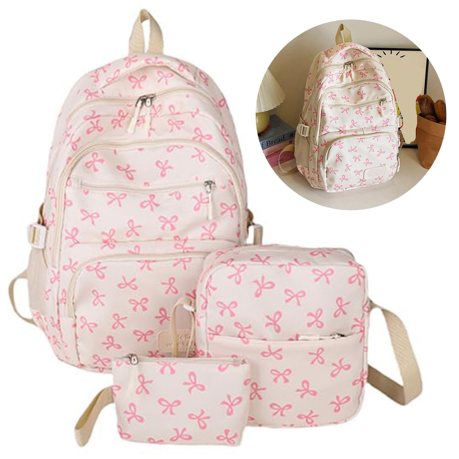 Bow Backpack 3pcs Set for Women, Aesthetic Daypack Bow Rucksack ...