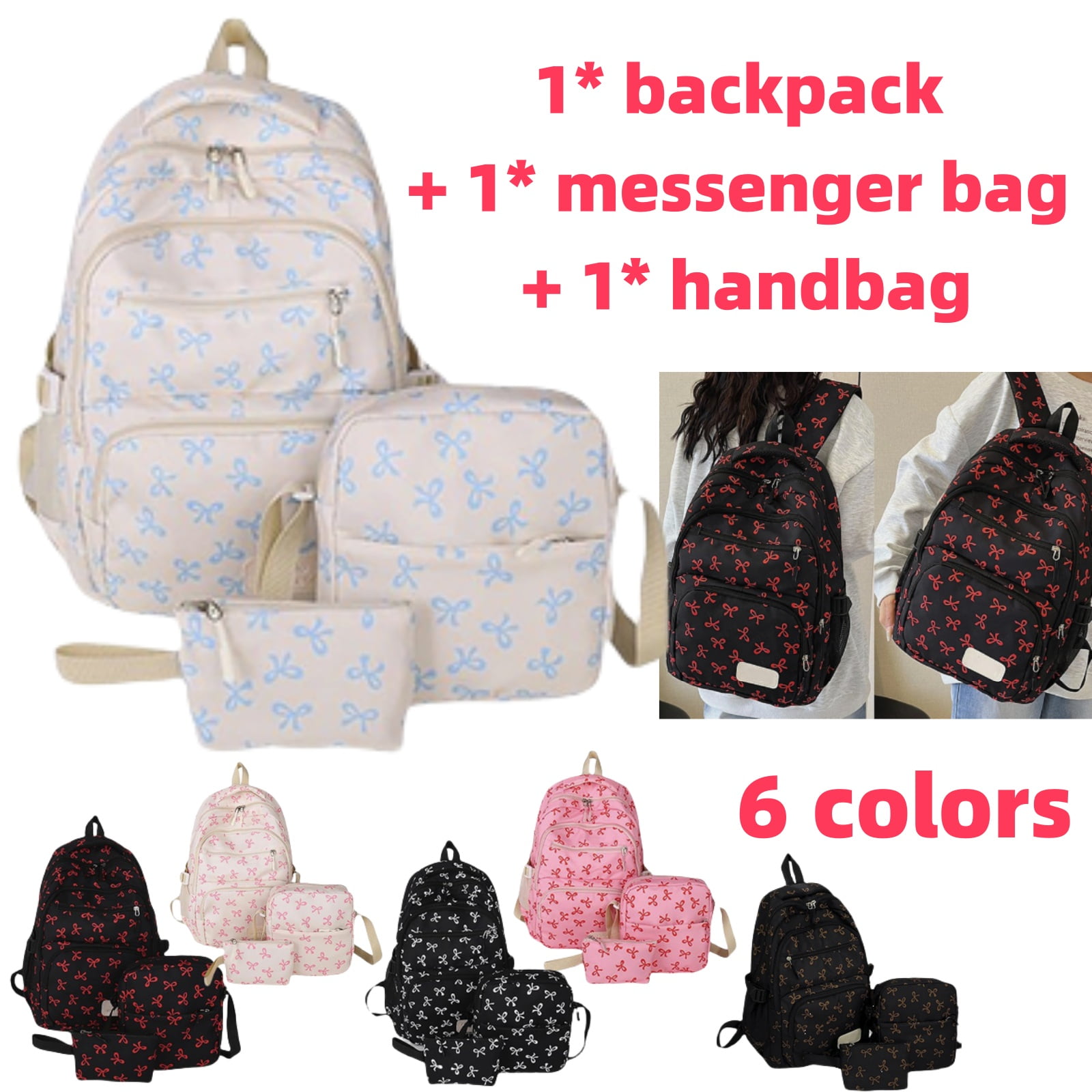 Bow Backpack for Women Coquette Aesthetic Nylon Rucksack Cute Kawaii ...