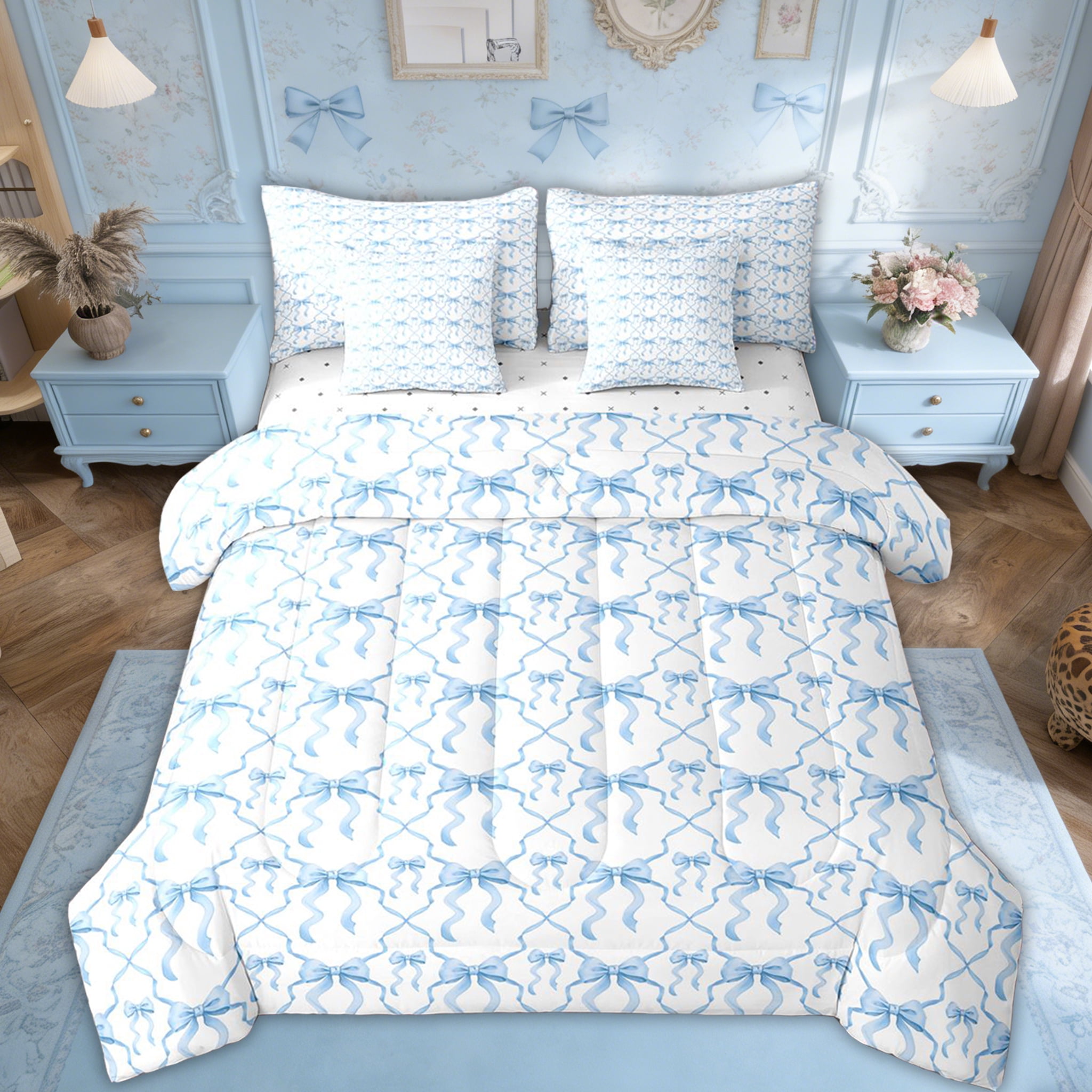 Bow Bedding Sets,Blue Watercolor Bowknot Twin Comforter Set 7 Piece ...