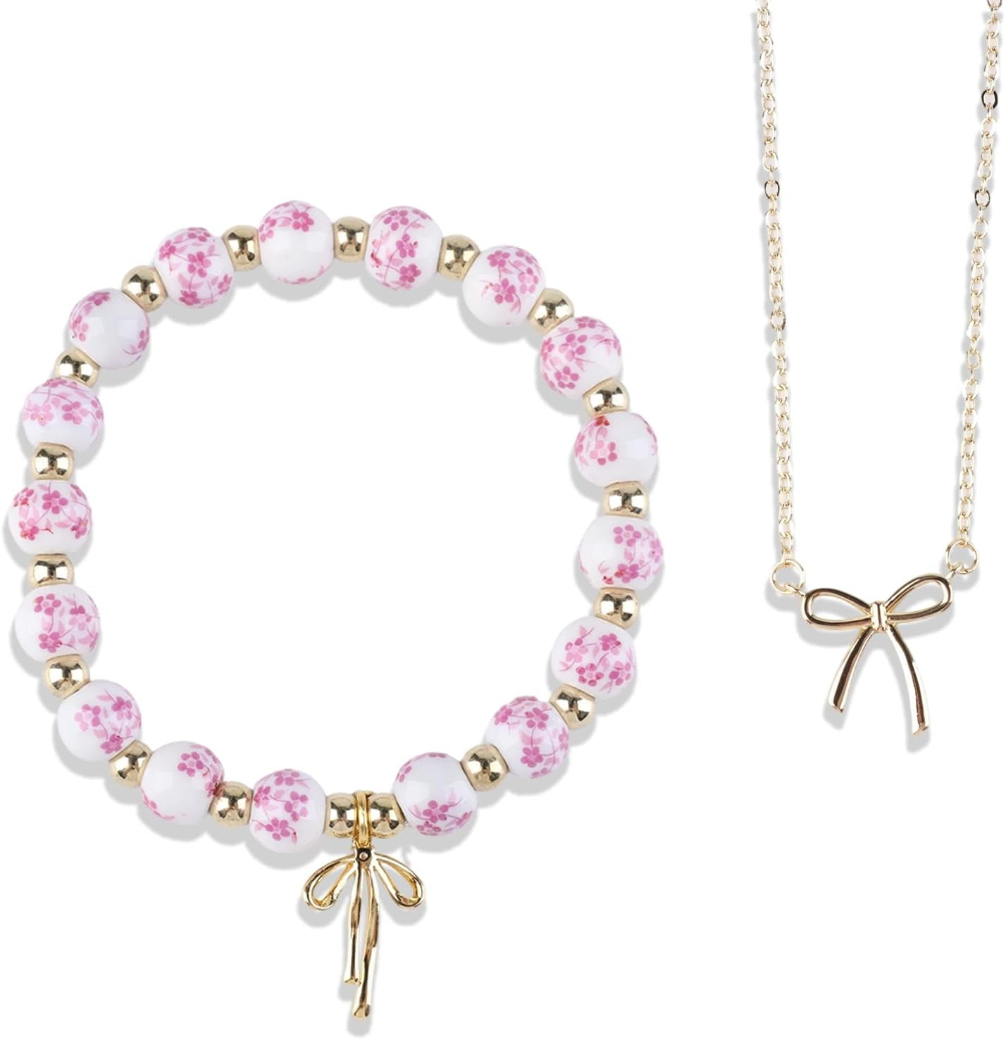 Bow Charm Bracelet Necklace Set, Cute Stretch Bracelets, Beaded Vintage ...