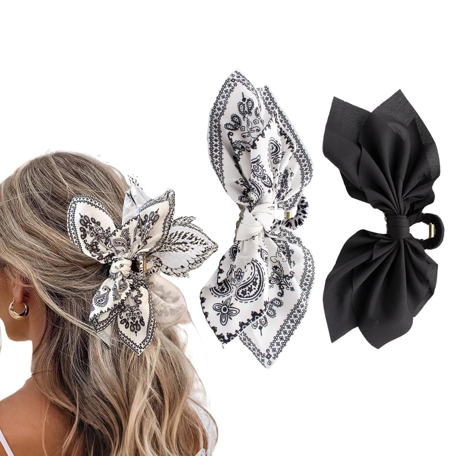 Bow Claw Clips Bow Hair Clips Black White Paisley 2PCS Big Hair Bows ...