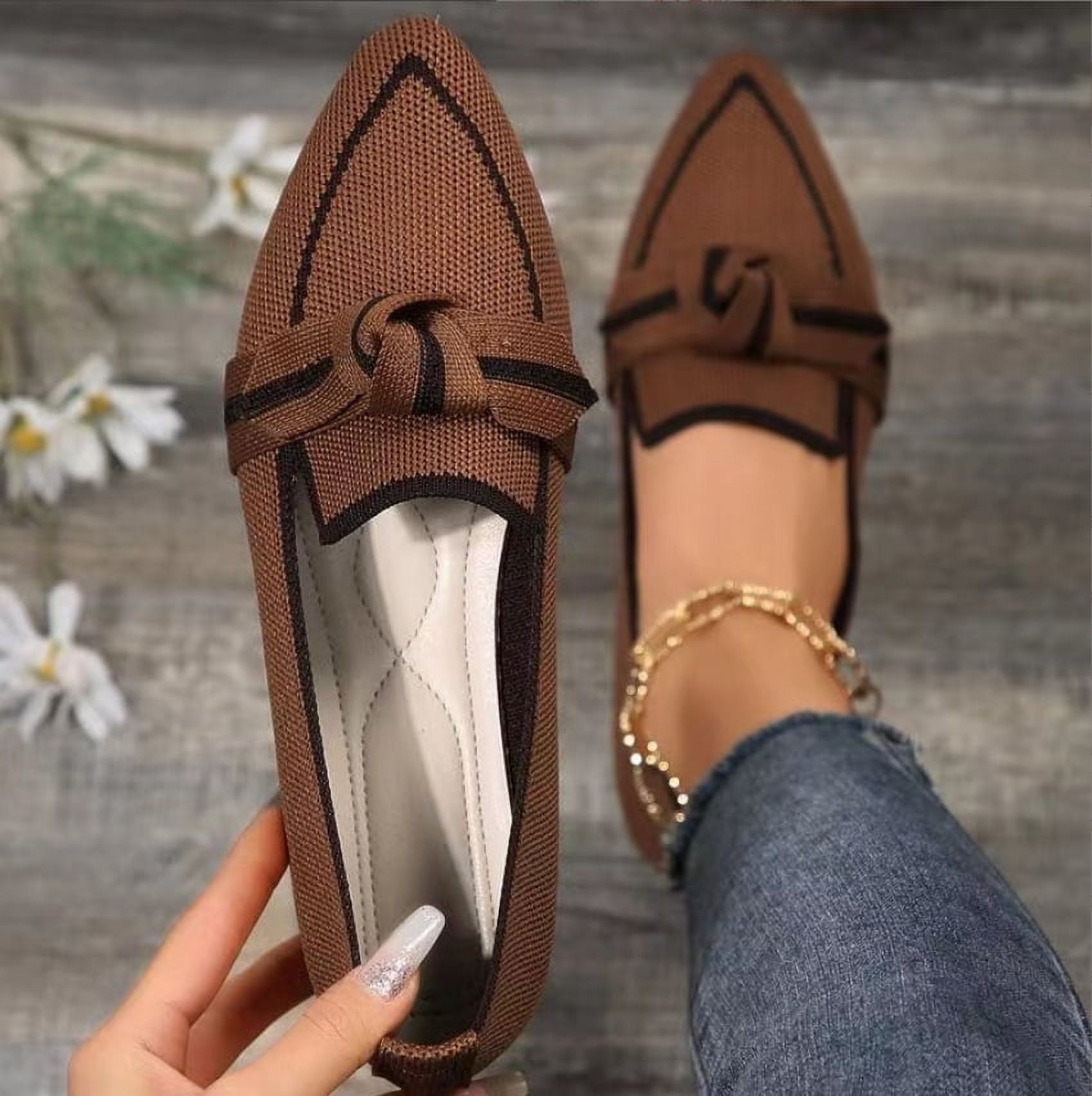 Bow Contrast Trim Point Toe Slip-On Loafers for Women - Walmart.com