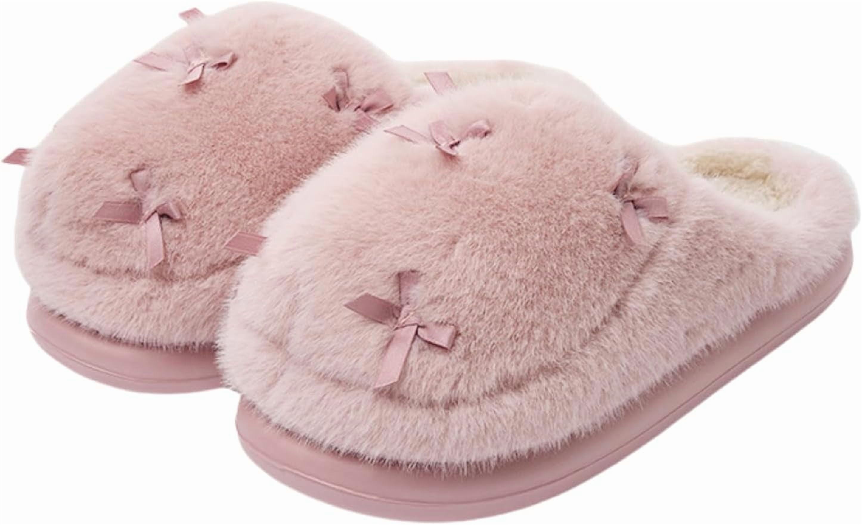 Bow Decor Fuzzy Plush Slippers, Warm Non-Slip Elevated House Slippers ...