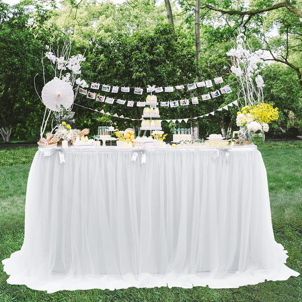 Bow Decor Tulle Table Skirt, Reusable Floor-Length Party Tablecloth for ...