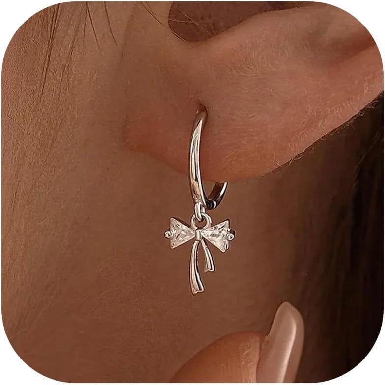 Bow Earrings for Women Ribbon Dangle Drop Gold Silver Hoop Cute Simple ...