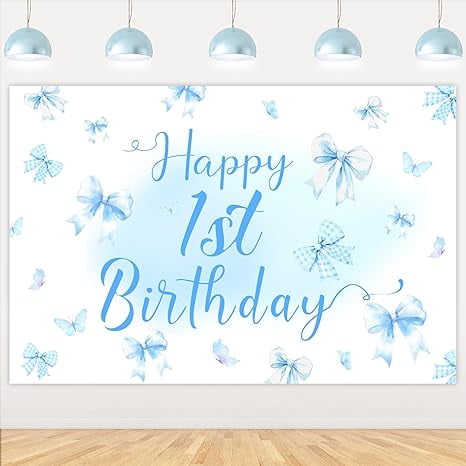 Bow First Birthday Decorations Blue Bow 1st Birthday Backdrop Banner 4. ...