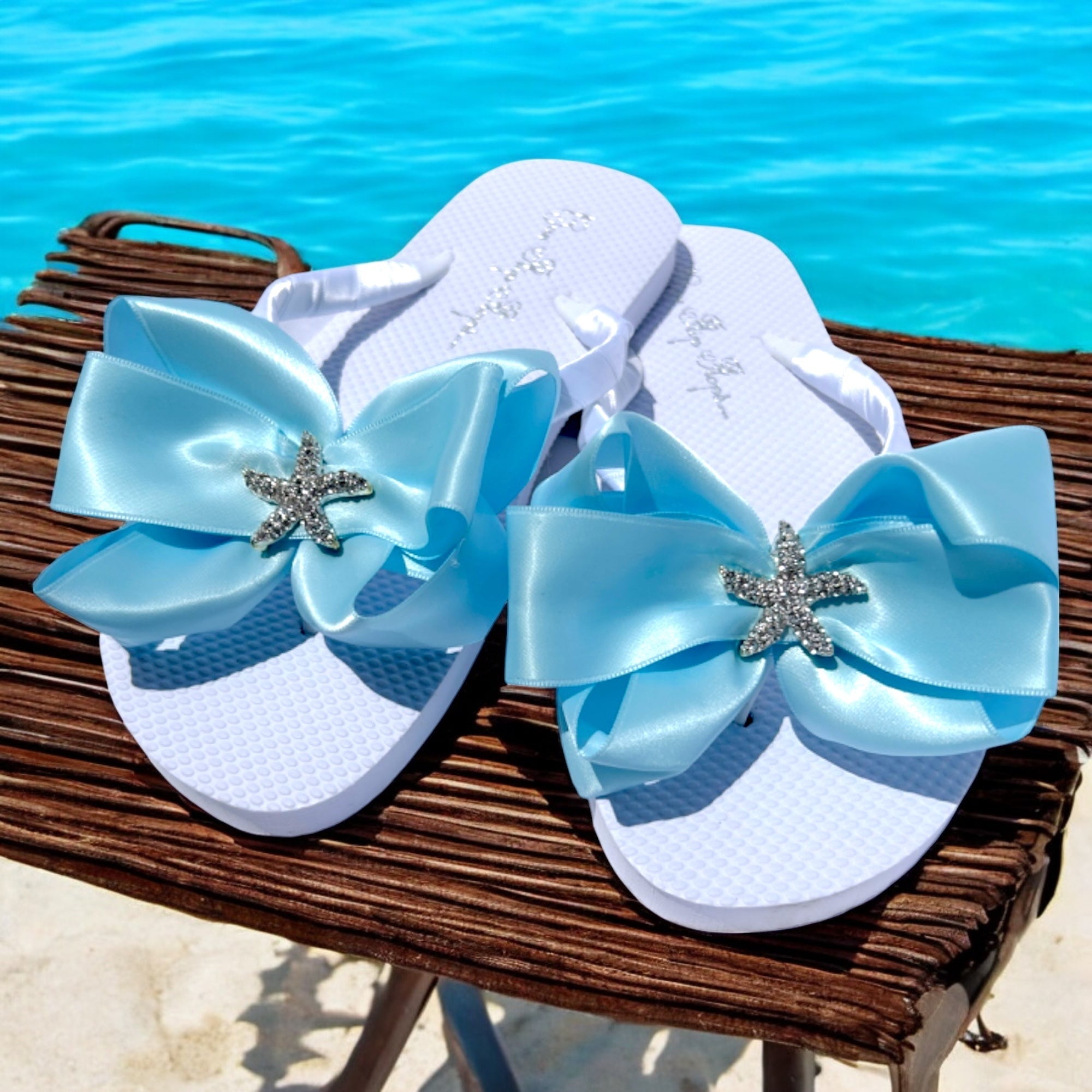 Bow Flip Flops Sandals with Light Blue Satin Bows, Flat Heel Open Toe ...