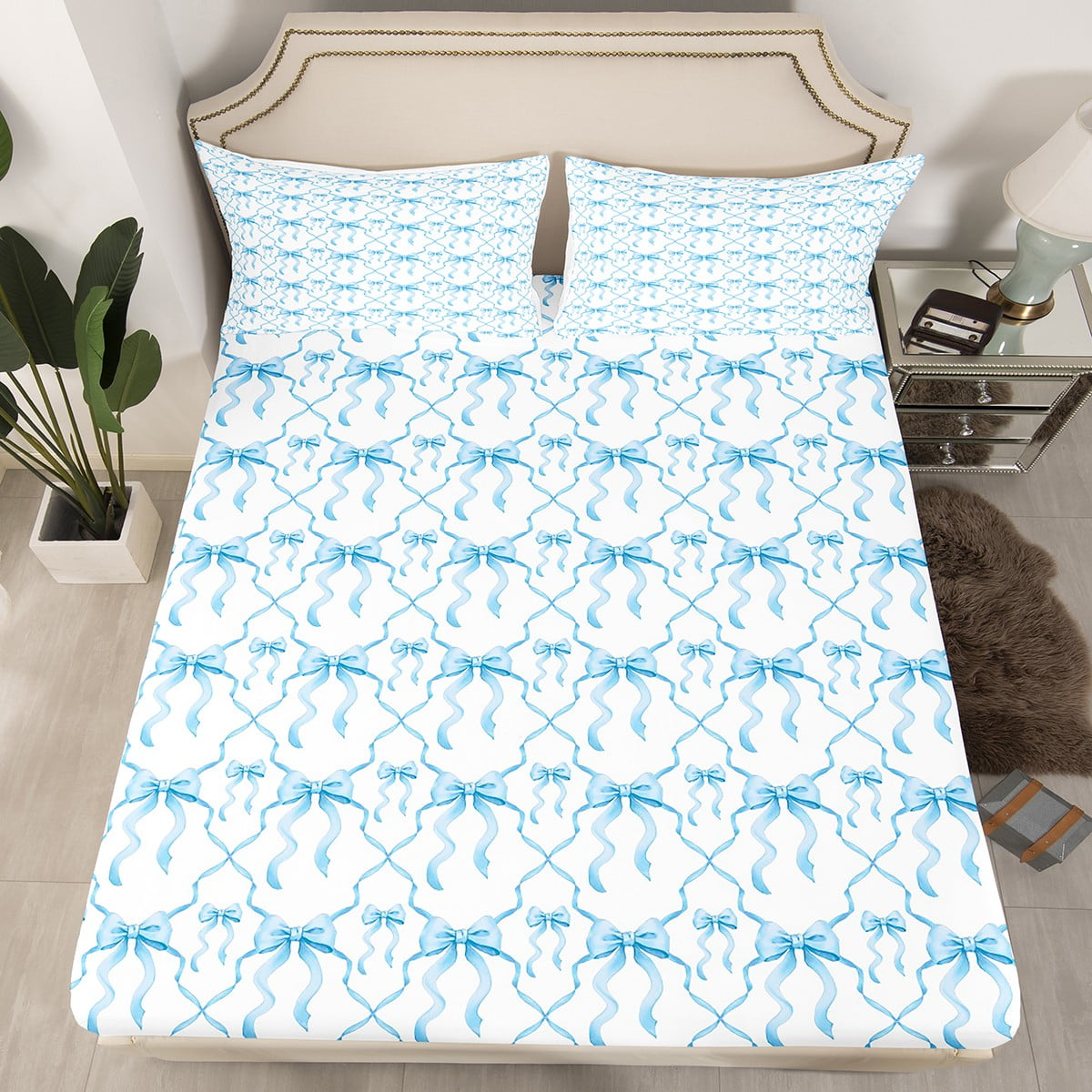 Bow Full Bedding Sets,Blue Watercolor Bowknot Fitted Sheet Geometric ...