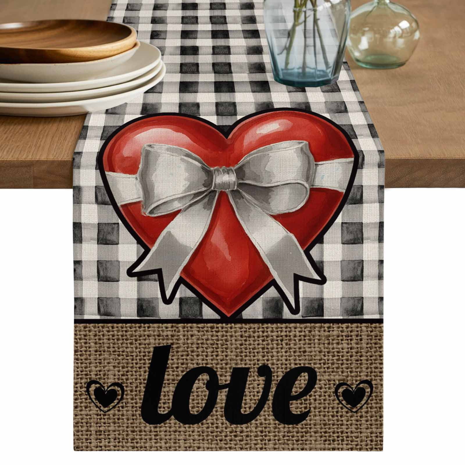 Bow on Heart Table Runner 72 Inches, Valentine's Day Love Black Gray ...