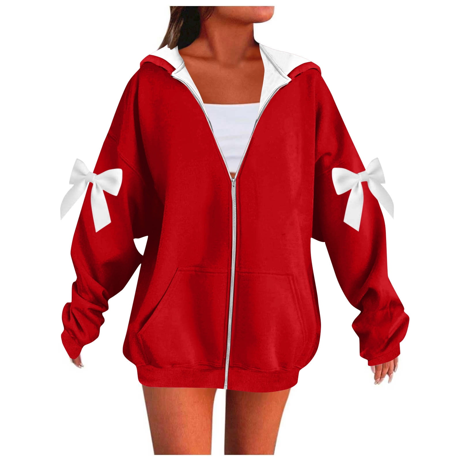 Bow Hooded Sweatshirt Coat for Women Zipper Solid Color Looses Tops ...