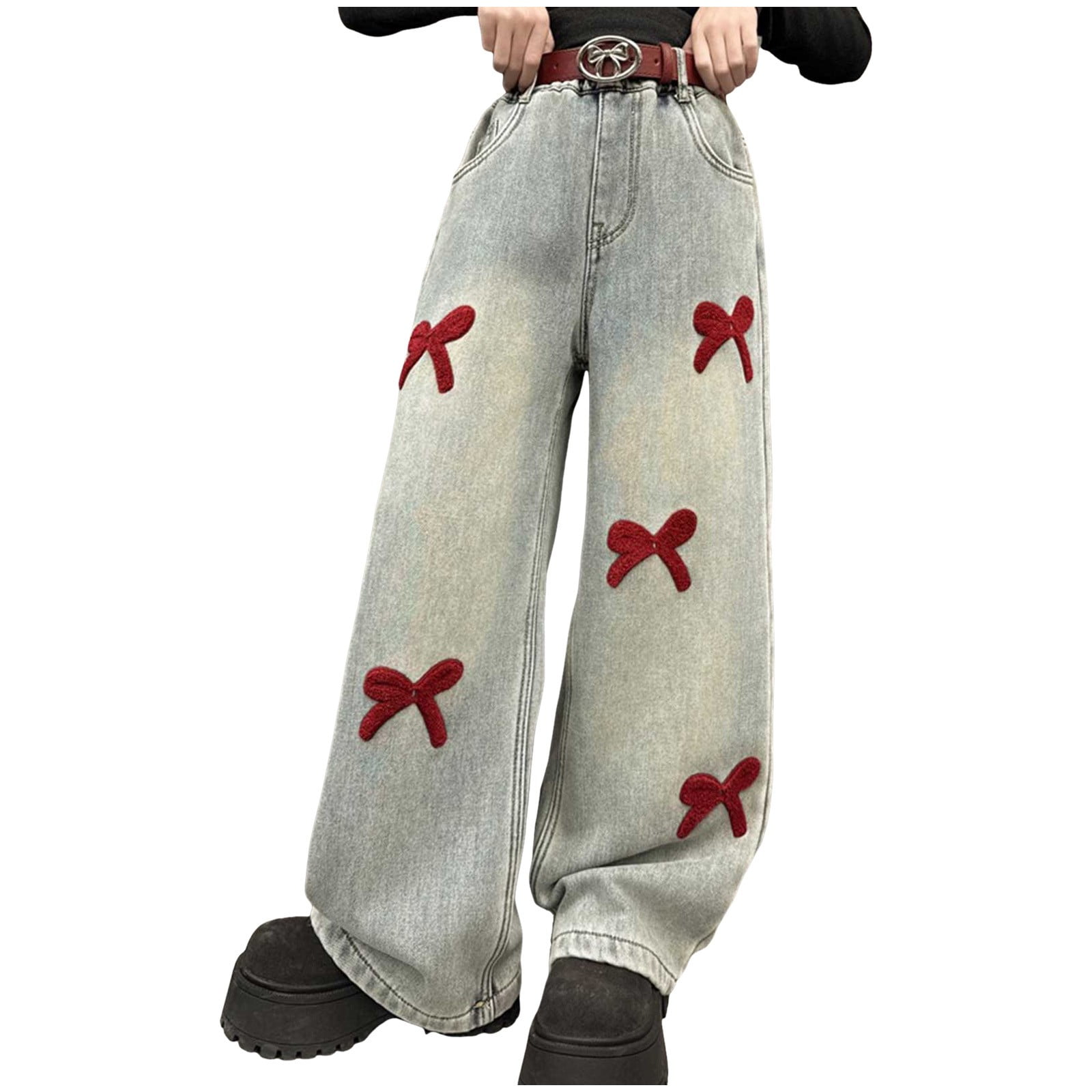 Bow Jeans for Girls Wide Leg Baggy Denim Pants Cute High Waisted ...