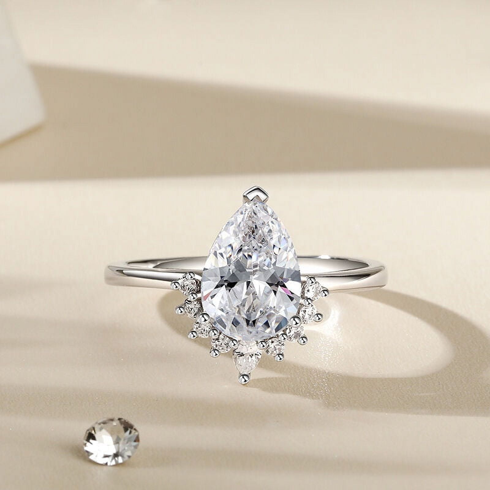 Bow Jewelry Silver 14K White Gold Plated Solitaire with Accent Ring - 1.97 Ct VVS1/D Pear Cut ...