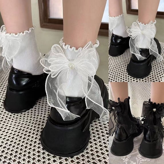 Bow Lace Women's Japanese Style Sweet Lace Bow Socks Girly Heart Lolita ...