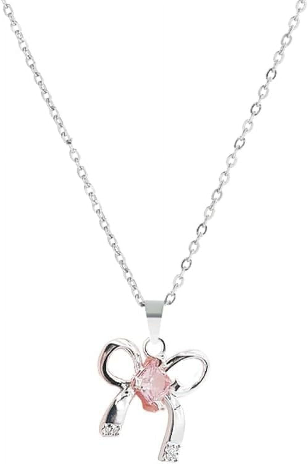 Bow Necklace Silver Bowknot Bow Tie Necklace for Women Pink rhinestone bow necklace Dainty Bow ...