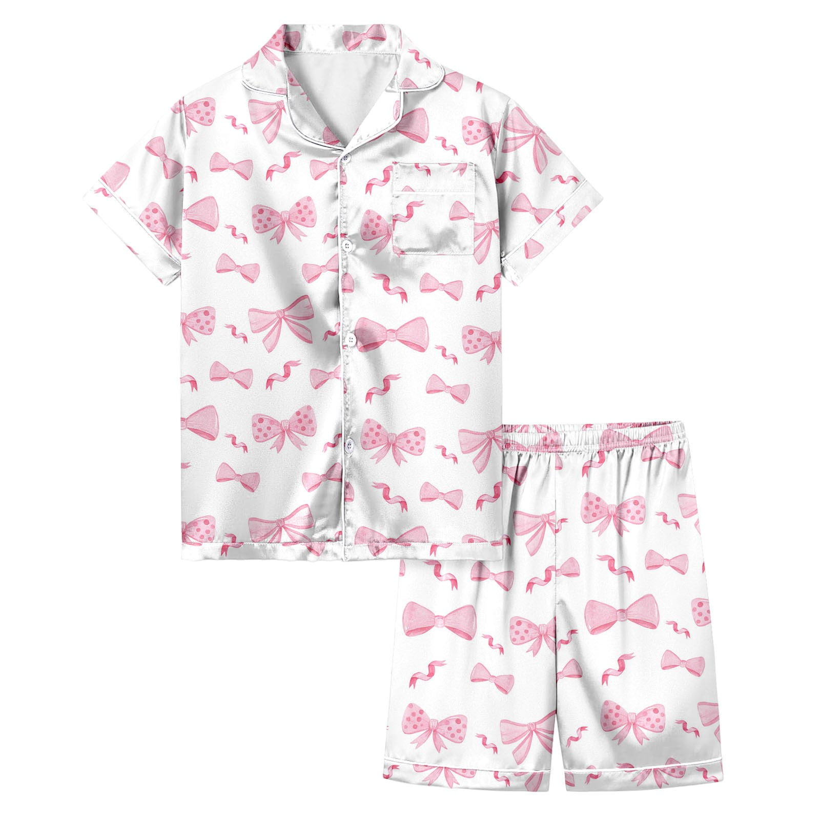 Bow Pajamas Girls 10-12 Silk Lapel 2 Pieces Loungewear Set Notch Collar ...