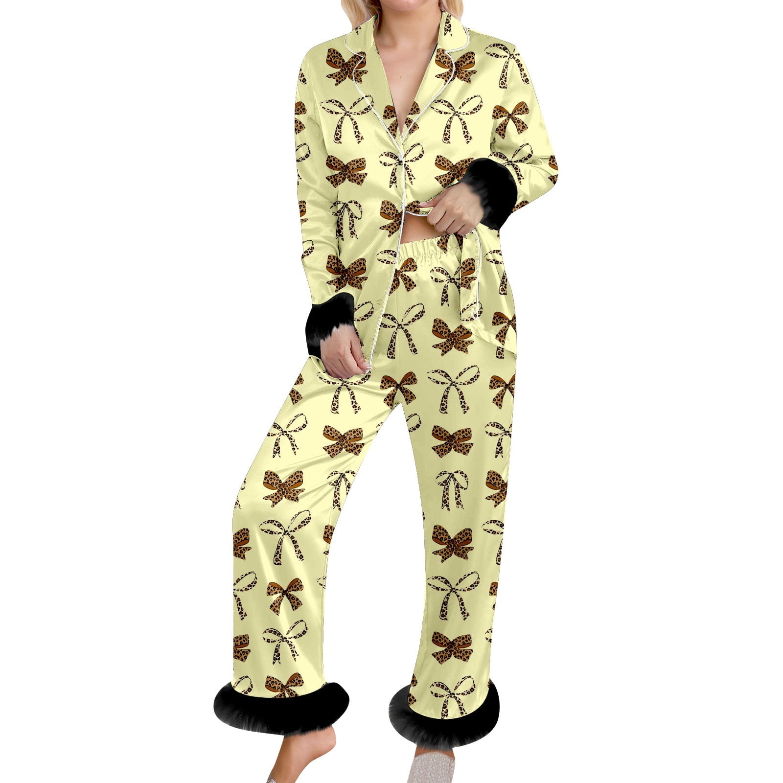 Bow Pajamas for Women Fuzzy Hem 2 Piece Button Down Long Sleeve ...