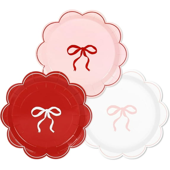 PHYSUN-Bow Paper Plate Coquette Bowknot Scalloped Disposable Plate Red ...
