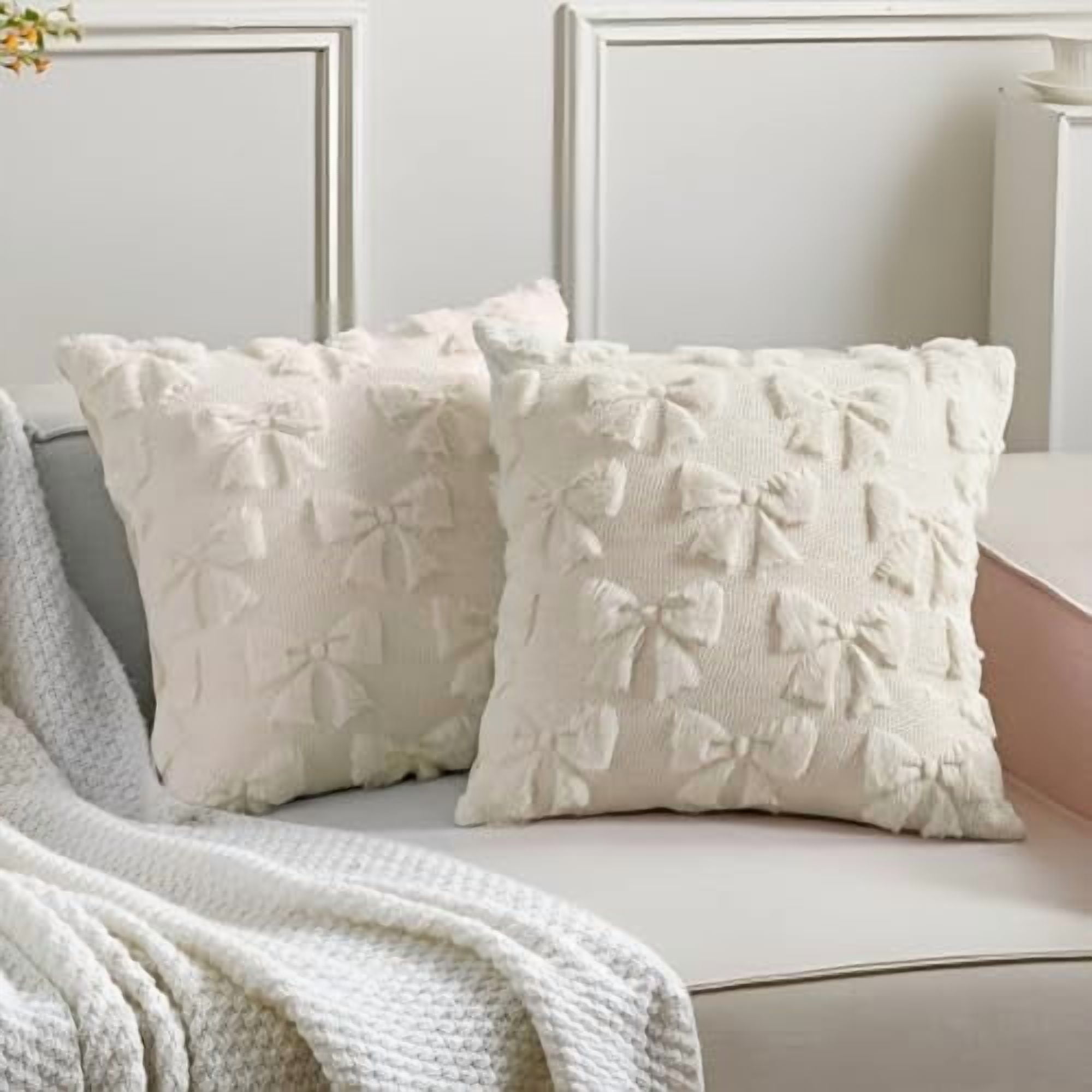 Bow Pillow Covers Set of 2 Coquette Room Decor Cute Faux Fur Soft ...