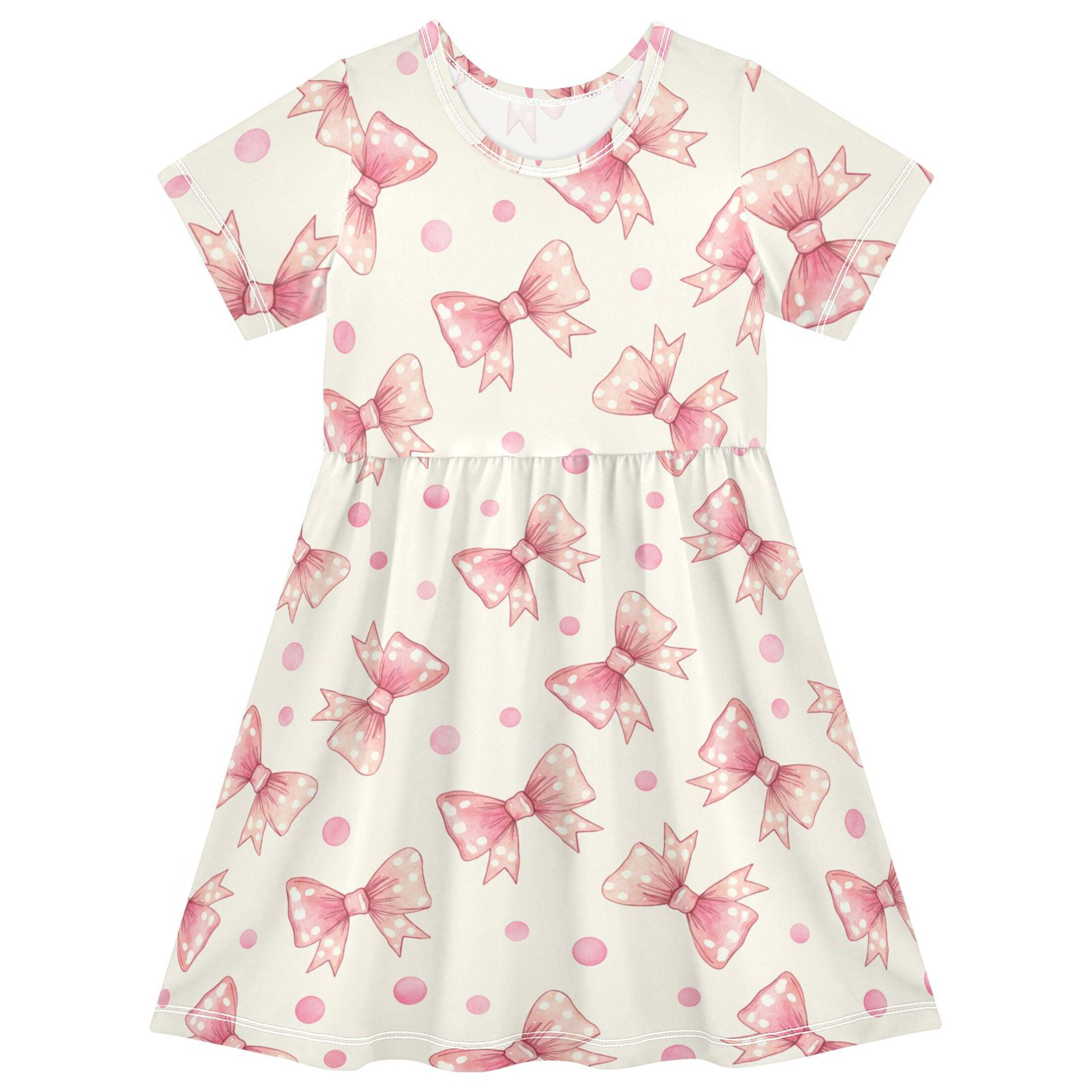 Bow Pink Short Sleeve Dress A-Line Cute Midi Casual Sundress 2-8 Years ...