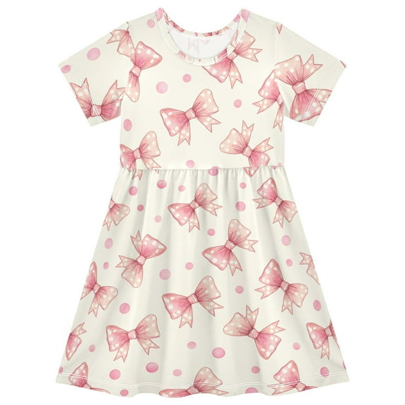 Bow Pink Short Sleeve Dress A-Line Cute Midi Casual Sundress 2-8 Years ...