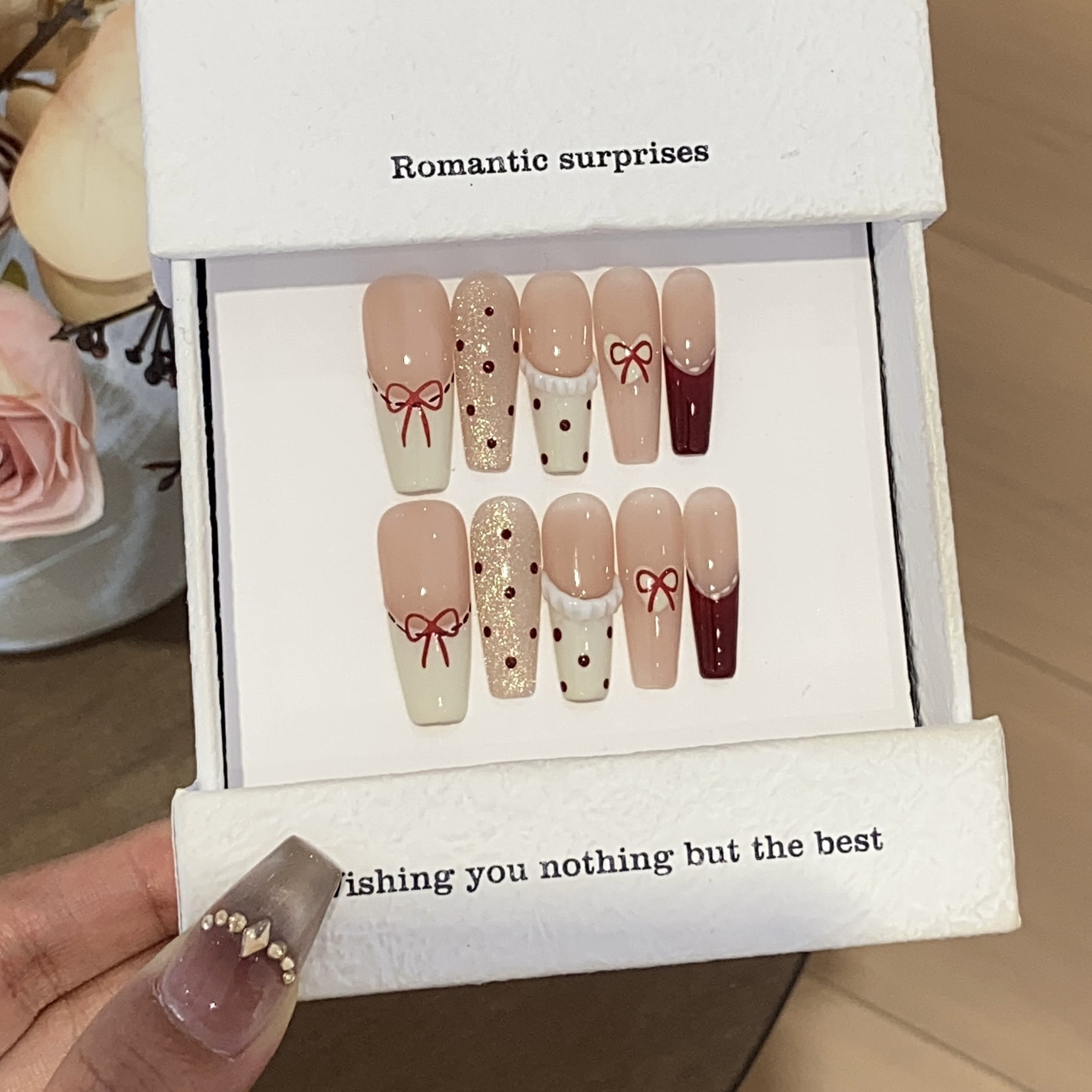 Bow Polka Dot French Tip Handmade Press on Nails for Women Y2K Preppy ...