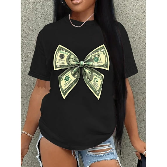 Bow Print Crew Neck T-Shirt, Casual Short Sleeve Top For Spring Summer ...