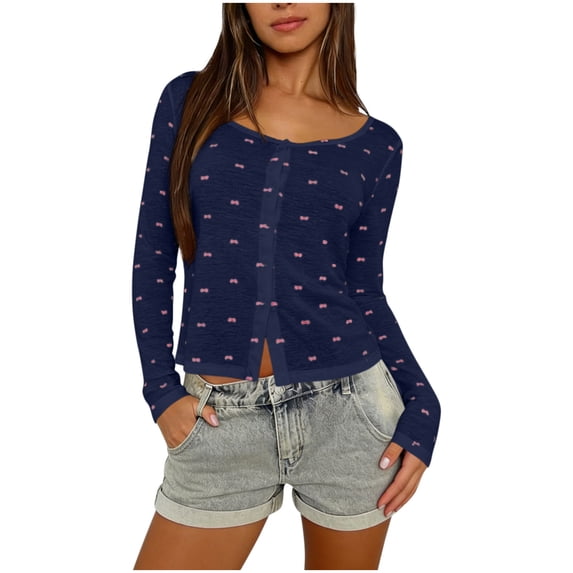Bow Print Cropped Cardigan For Women Button Down Long Sleeve Blouse ...