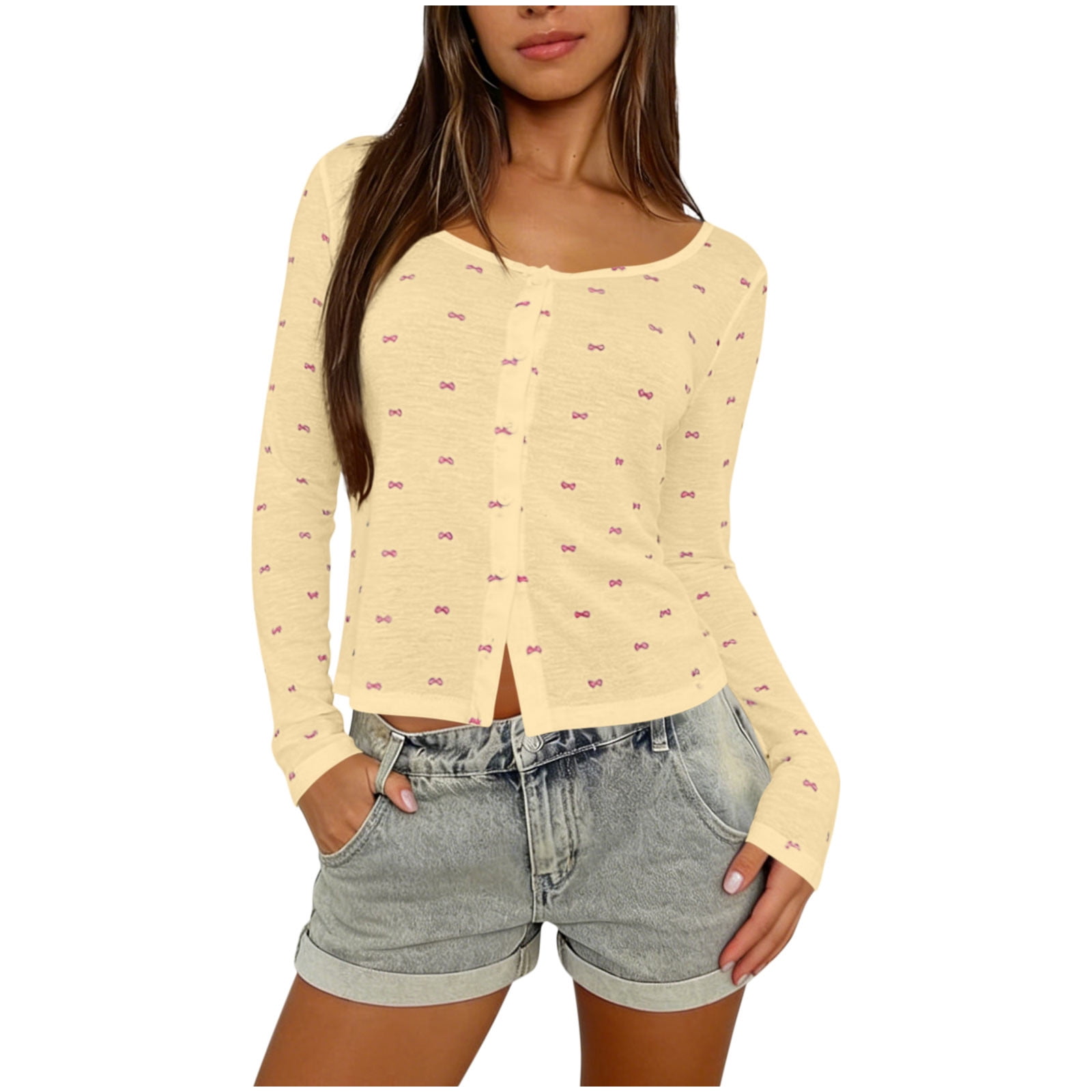 Bow Print Cropped Cardigan For Women Button Down Long Sleeve Blouse ...