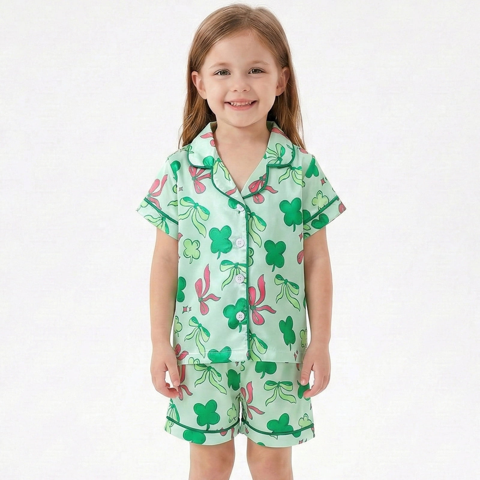 Bow Print Set For Kids Girls Short Sleeve Sleepwear Two Piece Set With ...