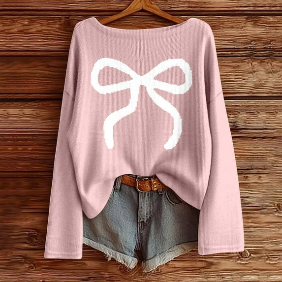 Bow Print Valentines Sweaters for Women Soft Crew Neck Long Sleeve ...