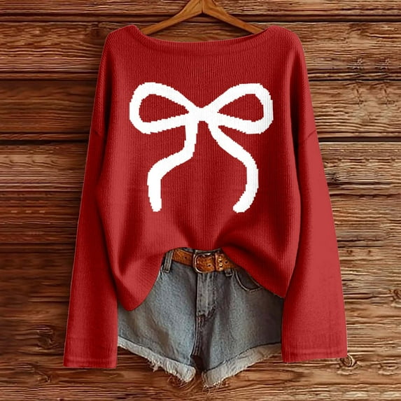 Bow Print Valentines Sweaters for Women Soft Crew Neck Pullover Sweater ...