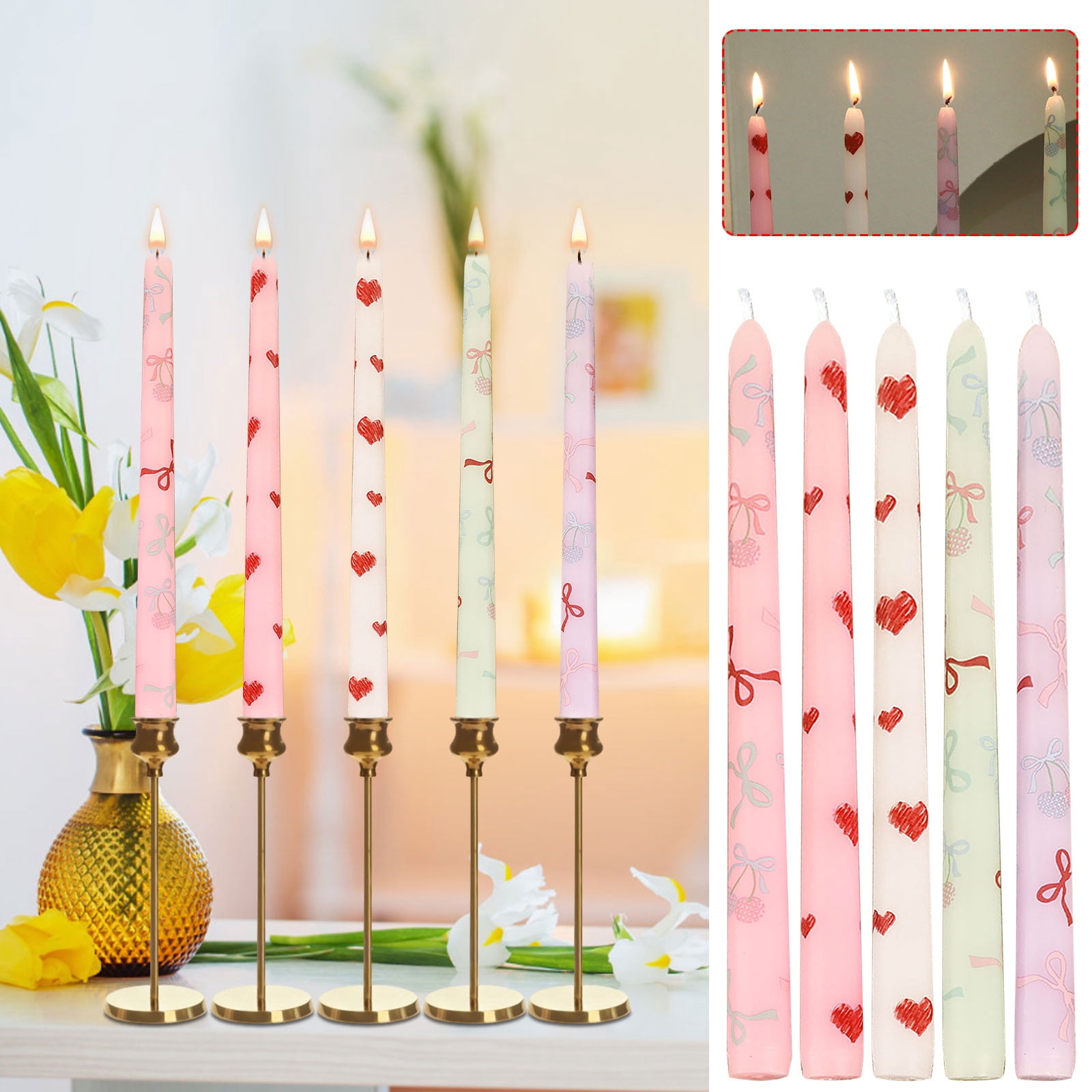 Bow Printed Taper Candle - Romantic Smokeless Long Rod Candle with ...