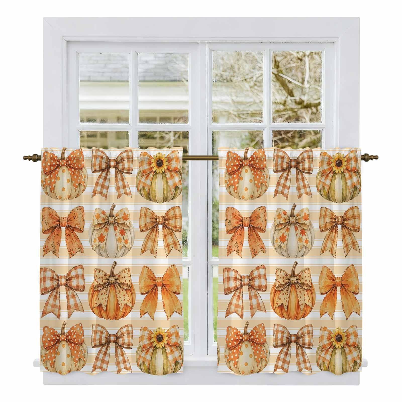Bow Pumpkins Fall Kitchen Curtains 54 Inch Length, Thanksgiving Retro ...