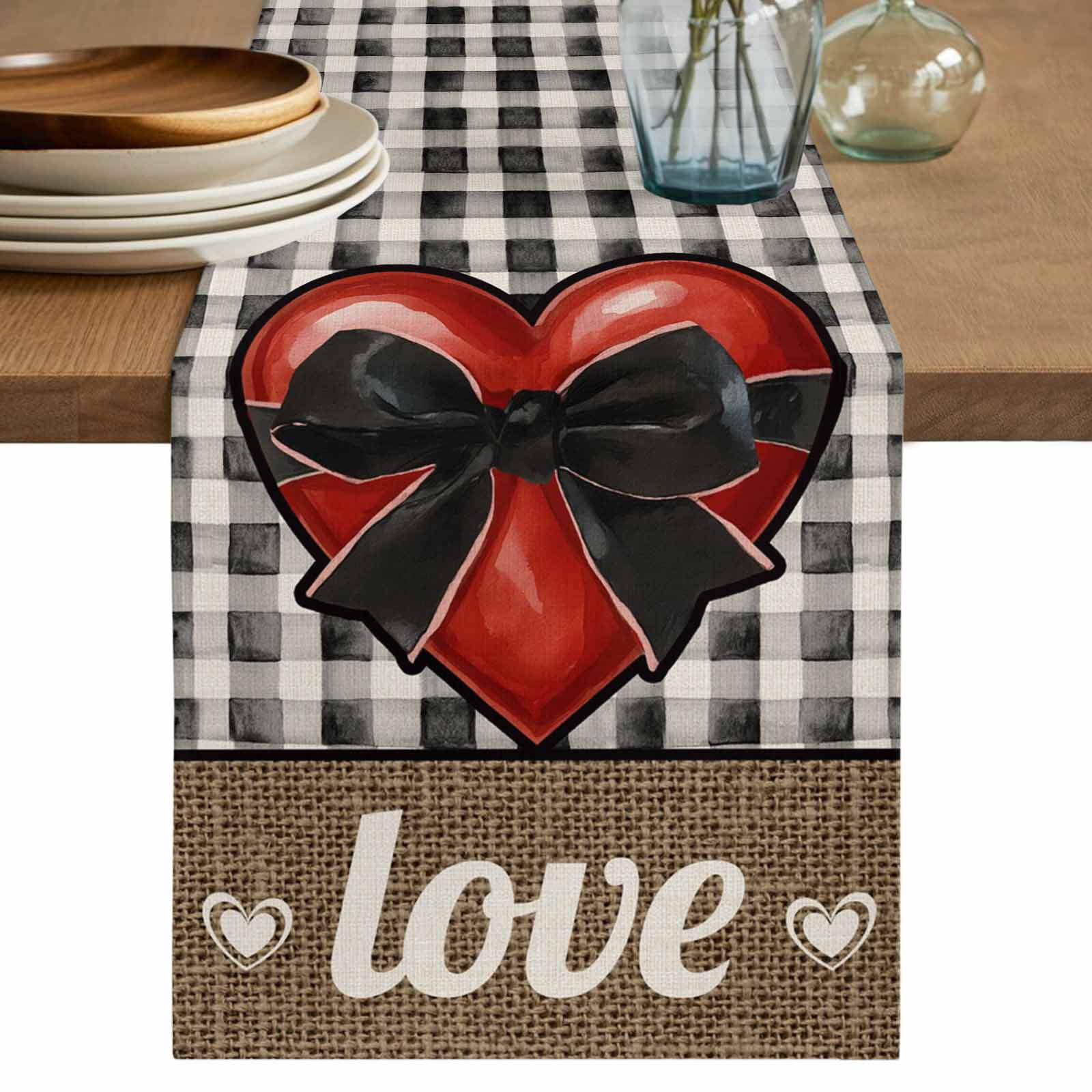 Bow on Red Heart Cotton Linen Table Runner for Dining Kitchen ...