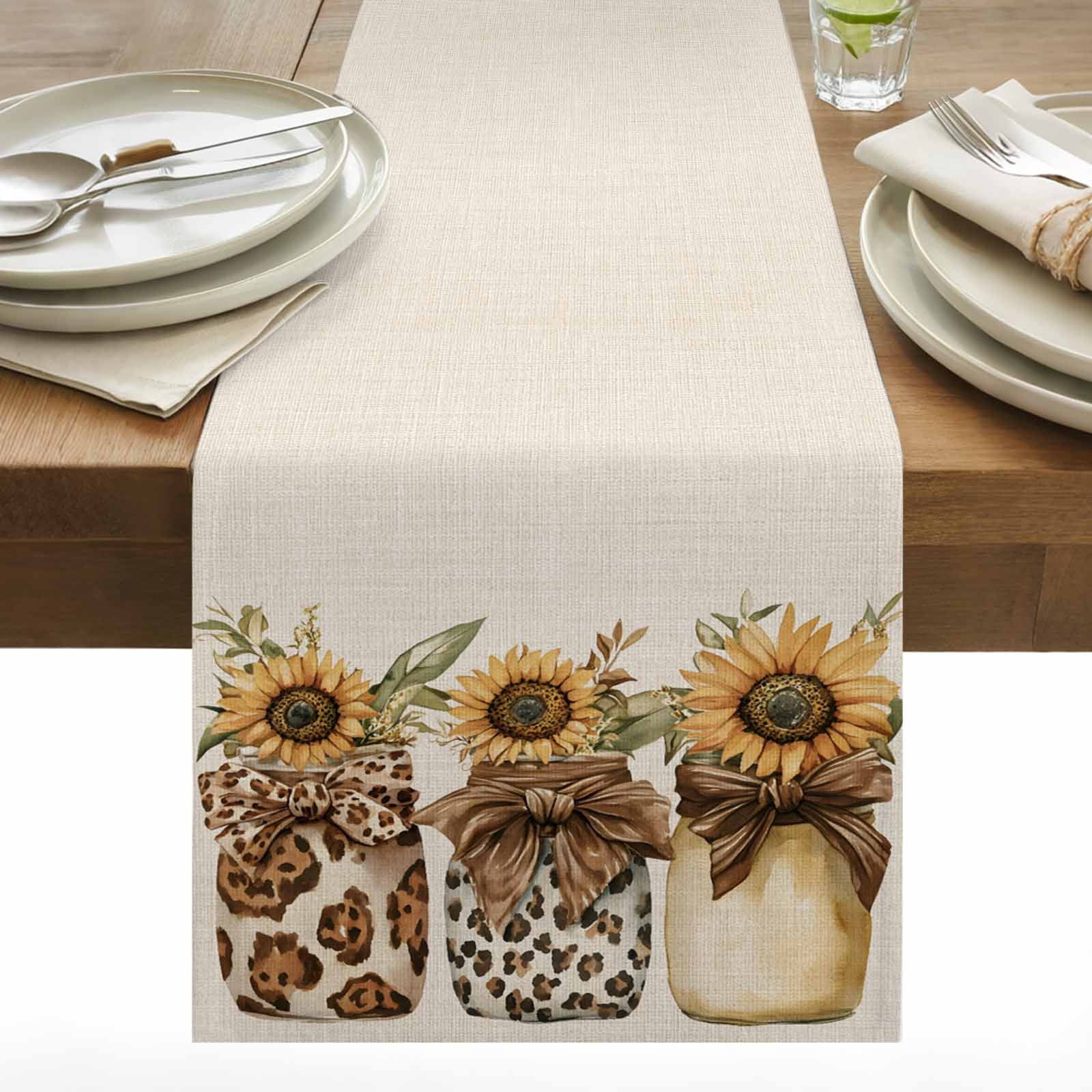 Bow Sunflower Cotton Linen Table Runner Fall Leopard Print Vase Floral ...