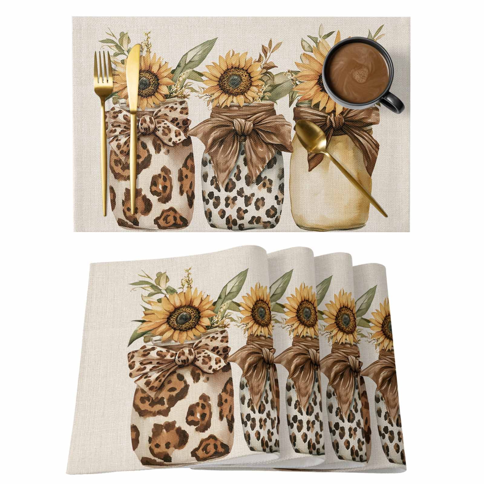 Bow Sunflower Placemats Set of 12, Fall Leopard Print Vase Floral Plant ...