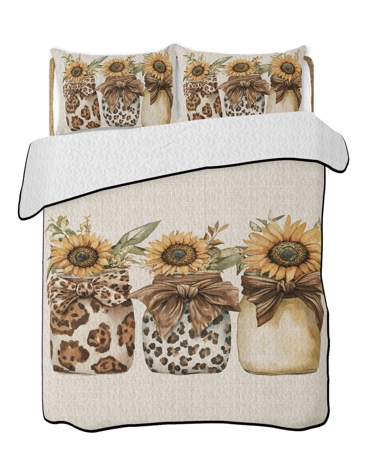 Bow Sunflower Quilts Bedding Set Twin Size Fall Leopard Print Vase ...