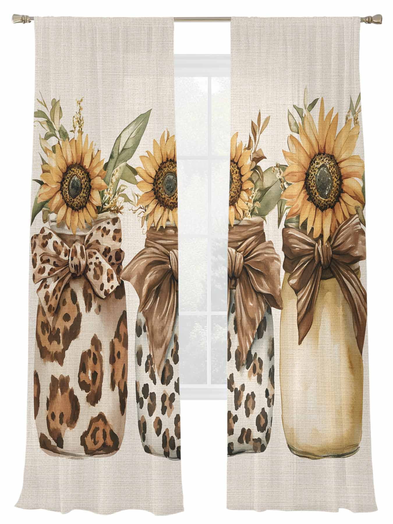 Bow Sunflower Sheer Curtains 2 Panels Set Fall Leopard Print Vase ...