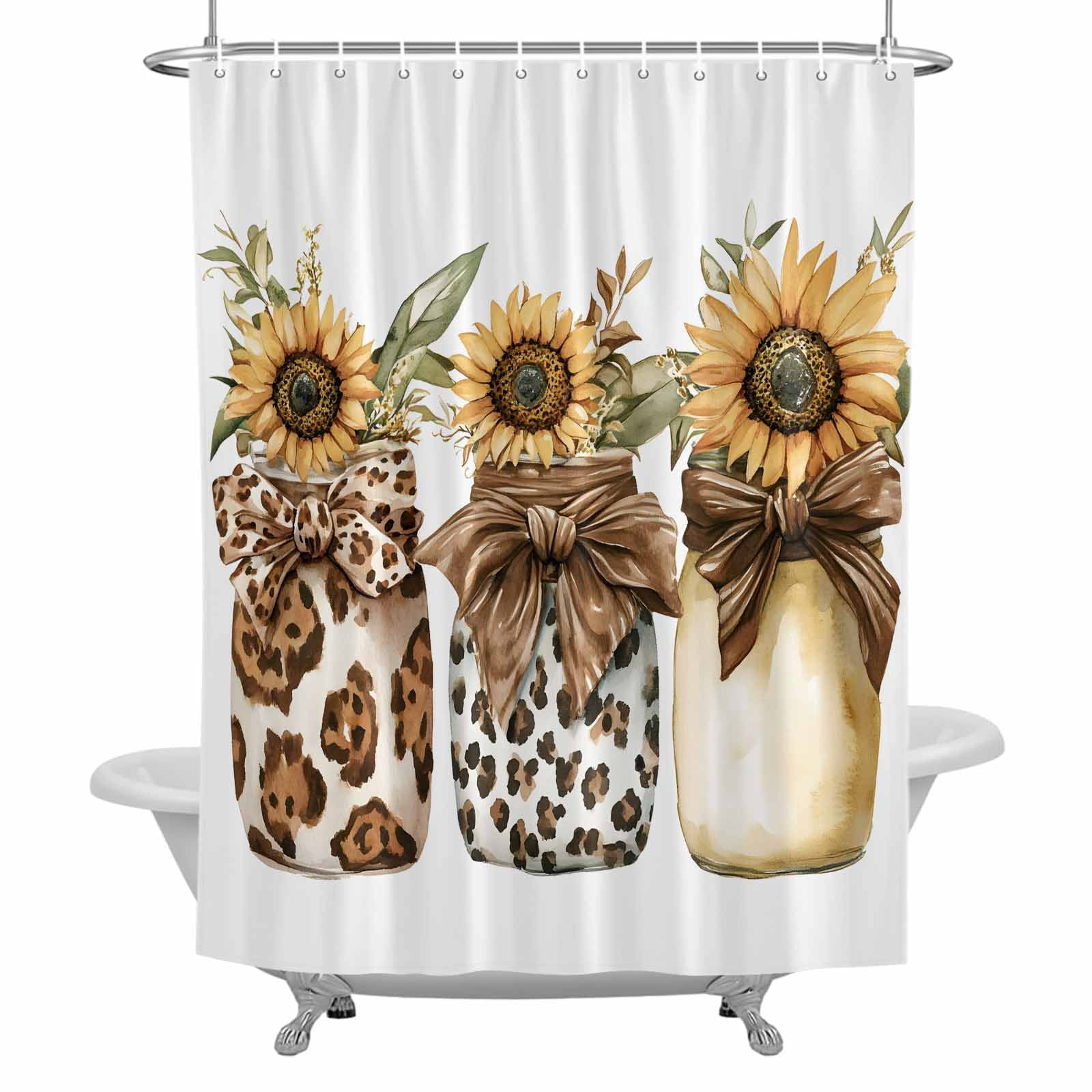 Bow Sunflowers Shower Curtain for Bathroom, Fall Leopard Print Vase ...