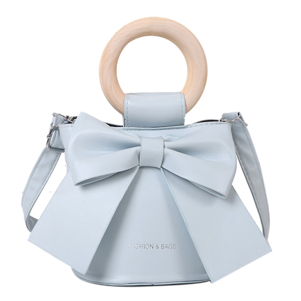 Bow Tie Bucket Crossbody Bag Women PU Wooden Handle Handbags (Light ...