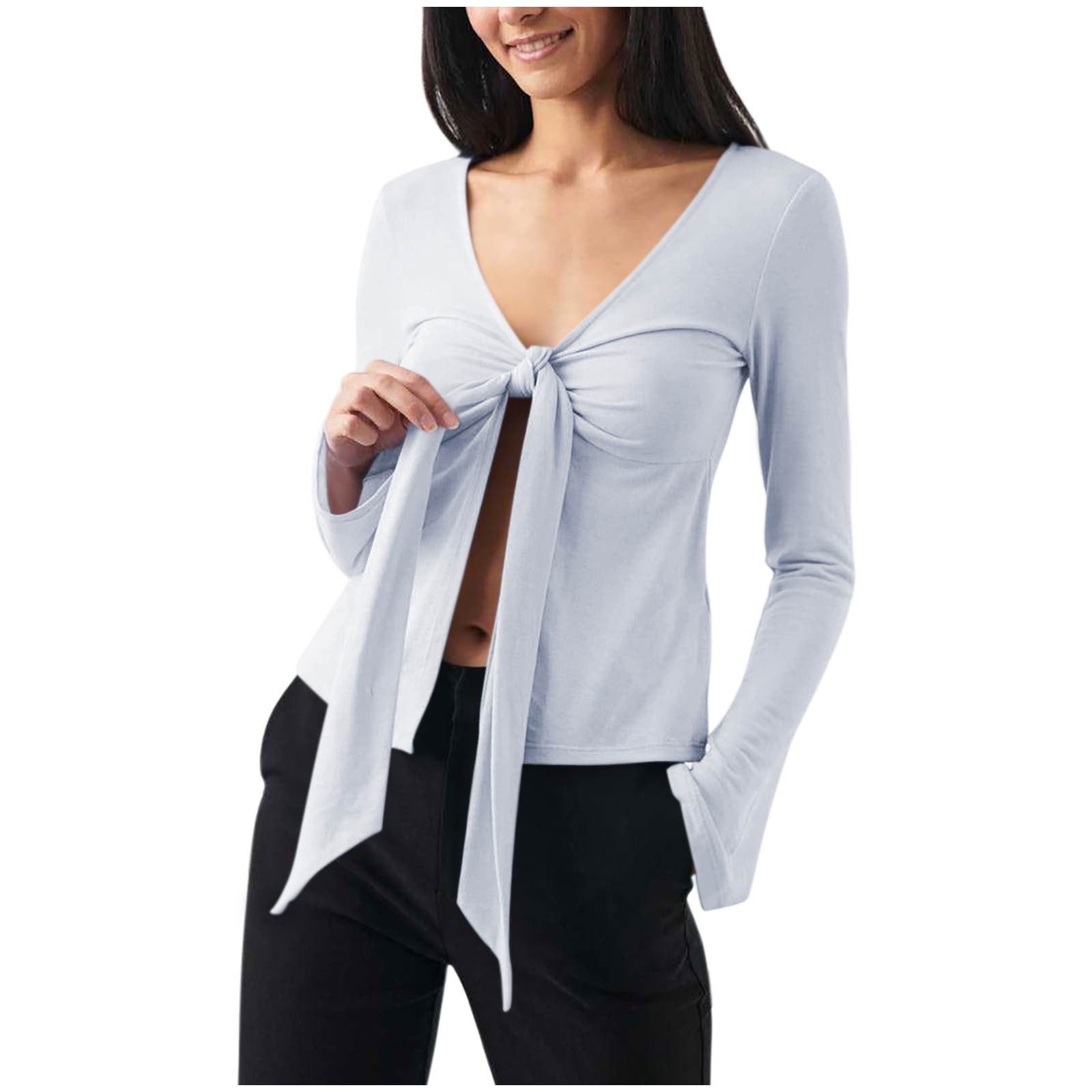 Bow Tie Open Front Tops for Women Dressy Bell Long Sleeve T-shirts Slim ...