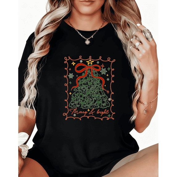 Bow Tree Christmas Graphic T-Shirt - Merry & Bright Design Print Short ...