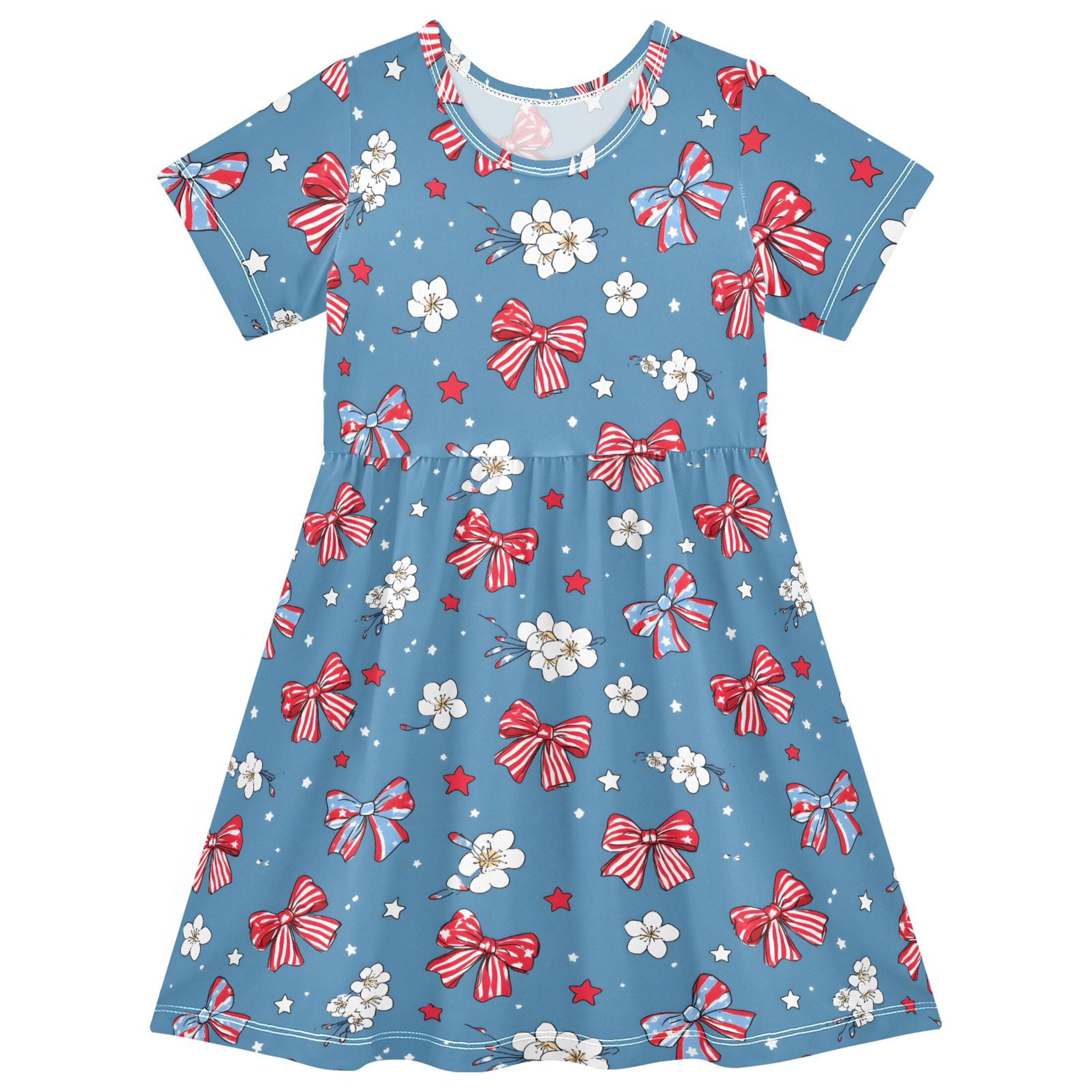 Bow White Flower Short Sleeve Dress A-Line Cute Midi Casual Sundress 2 ...