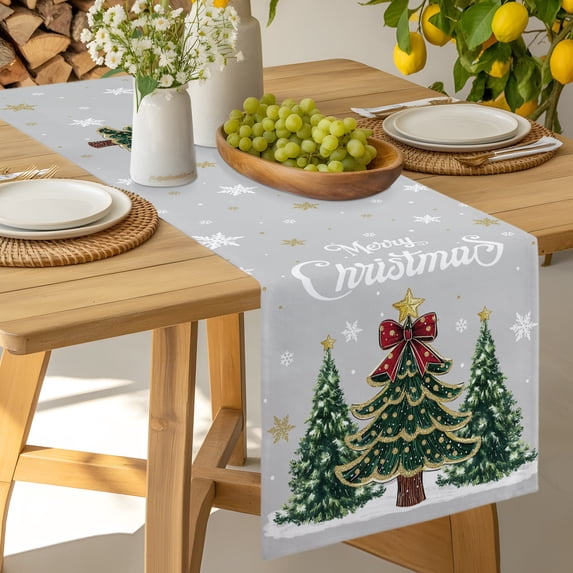 Bow Xmas Tree Table Runner 13x48in Non-Slip Cotton Linen Table Runners ...