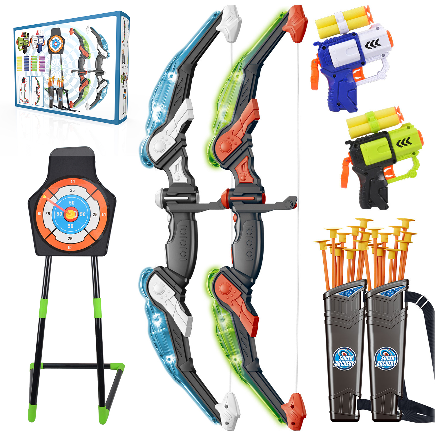 Bow and Arrow Sets with LED Light-up, Archery Toy Set with Standing ...
